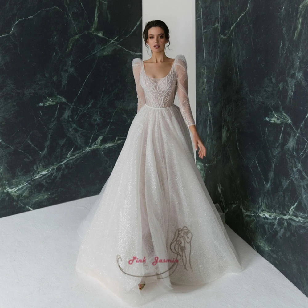 Fashion-Square-Collar-Wedding-Dresses-Ivory-Full-Sleeve-Glitter-Bridal ...