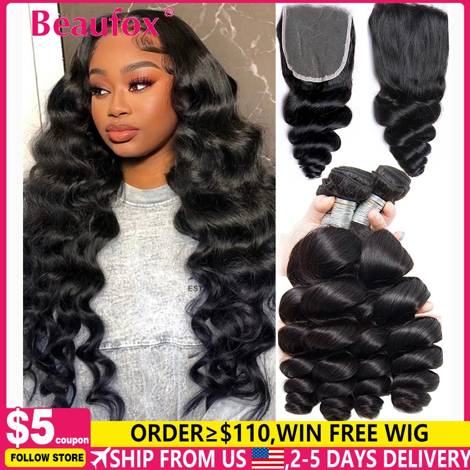 Beaufox Loose Wave Human Hair Bundles With Closure Indian Hair Weave 3/ ...