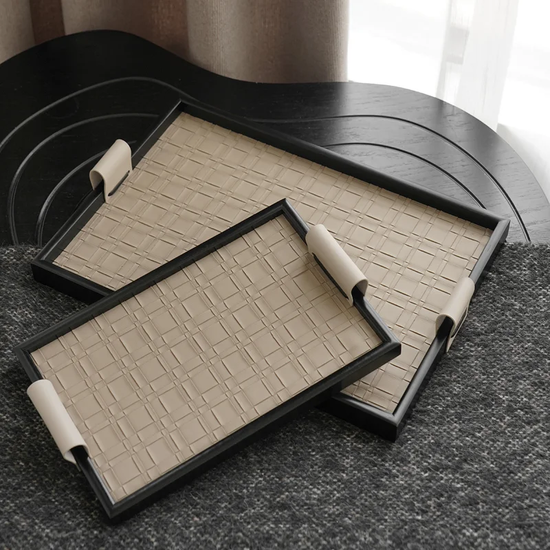 Woven Pattern Black Leather Tray Beige Storage Tray Advanced ...