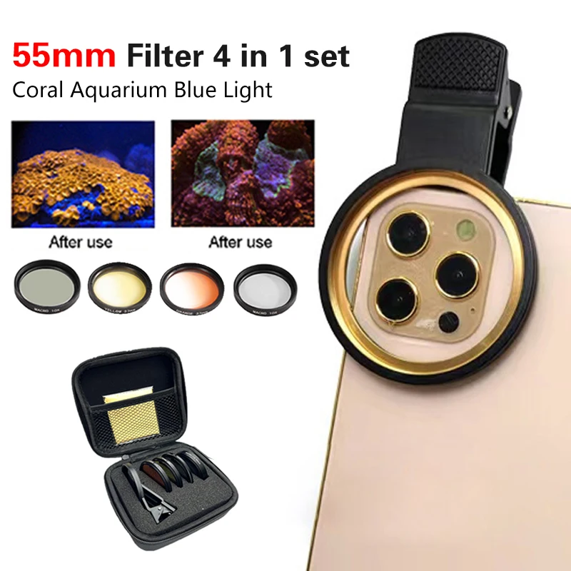52mm-4-in-1-Set-Aquarium-Lens-Fish-Tank-Phone-Yellow-Filter-For-Reduce ...