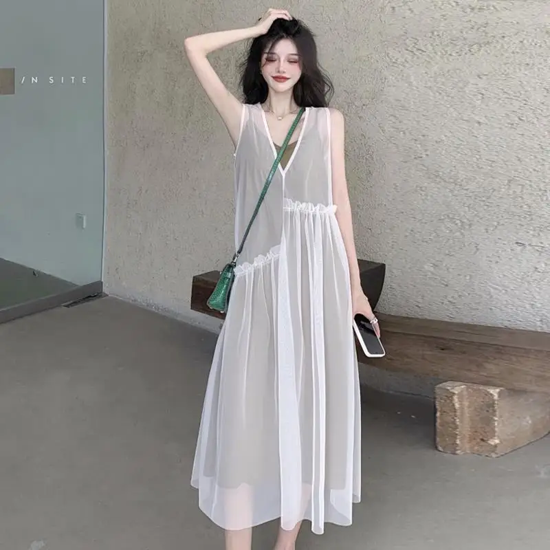 Summer-New-White-Net-Yarn-Sleeveless-Dress-All-match-Solid-Color-Loose ...