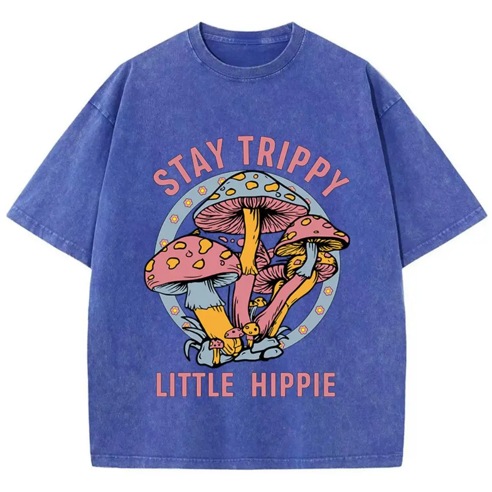 Summer Womens Cotton Washed T-Shirts Stay Trippy Little Hippie Mushroom ...