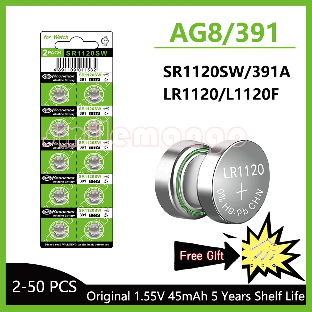 2-50PCS 1.55V AG8 45mAh Button Batteries LR1120 391 SR1120 R1120W CX191 ...
