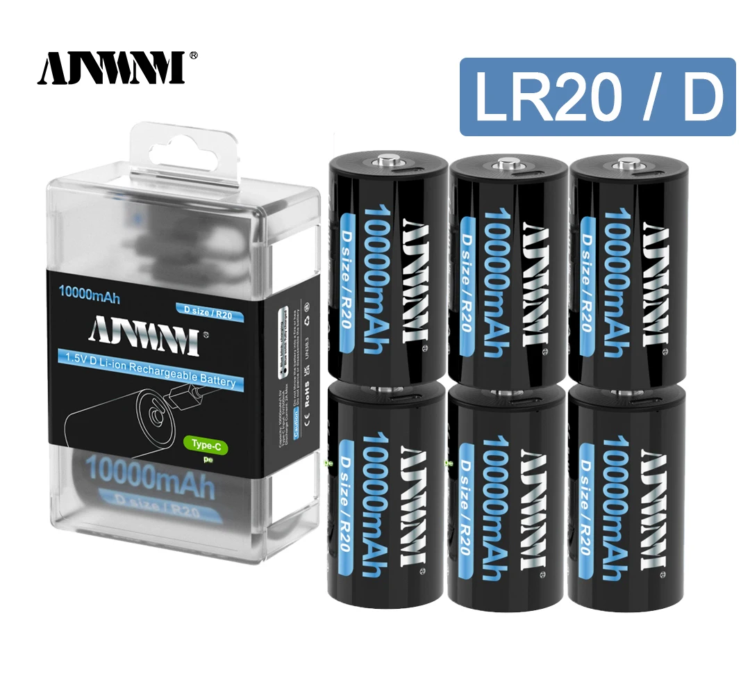 10000mAh 1.5V D Size Battery Type-C USB Rechargeable Li-ion Lipo LR20 ...