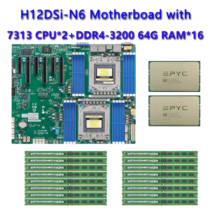 For-Supermicro-H12DSI-N6-Motherboard-2-EPYC-7313-3-0Ghz-16C-32T-128MB ...
