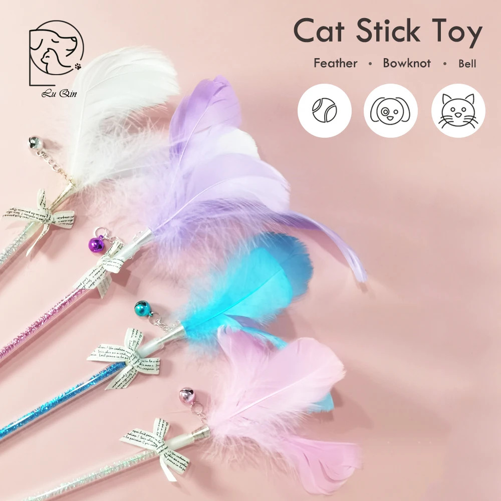 Interactive Cat Toy Funny Feather with Bell & Bowknot Cats Stick Toy ...