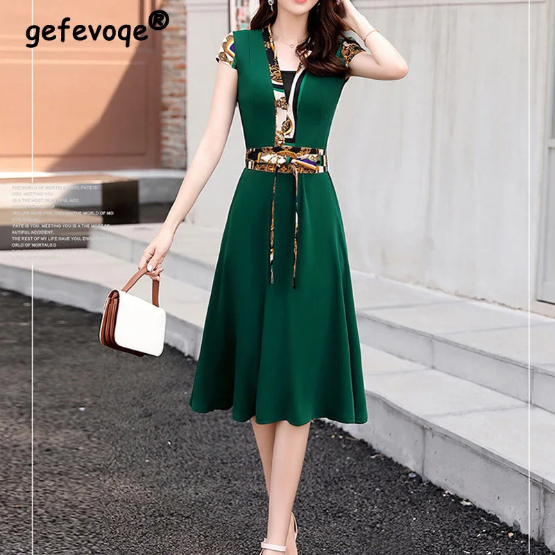 Women Summer V Neck Print Patchwork Lace Up Tunic Midi Dress Korean ...