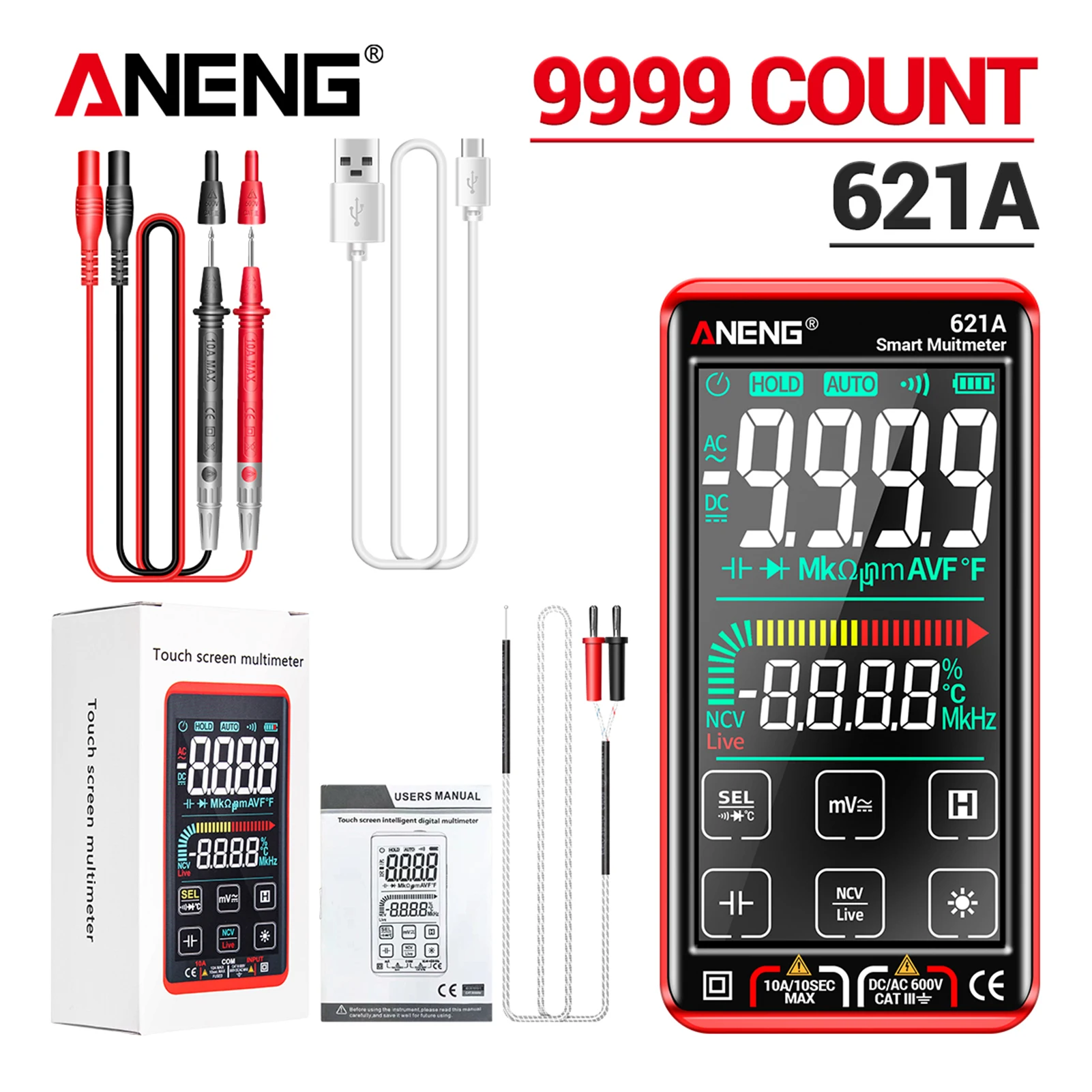 Aneng 621a/620a Intelligent Digital Multimeter 9999 Countstouch Screen ...