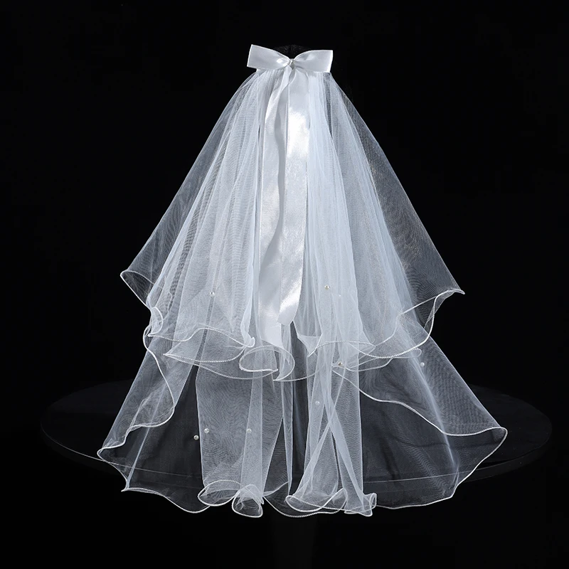 White-bridal-veil-Two-Layer-elbow-length-veil-simple-bow-decoration ...