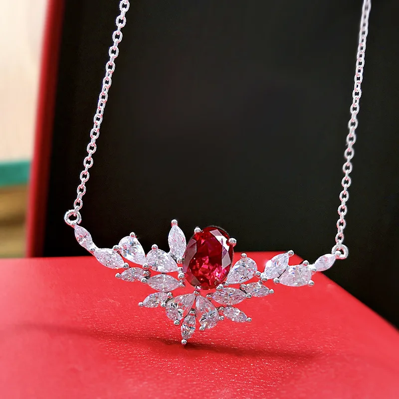 925-Silver-Synthetic-Ruby-Necklace-Oval-7-9-Ice-Flower-Design-Advanced ...