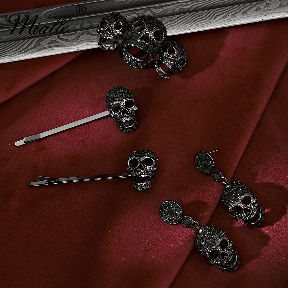 Miallo-Horror-Black-Hollow-Skull-Halloween-Jewelry-Set-Three-Piece-Ring ...