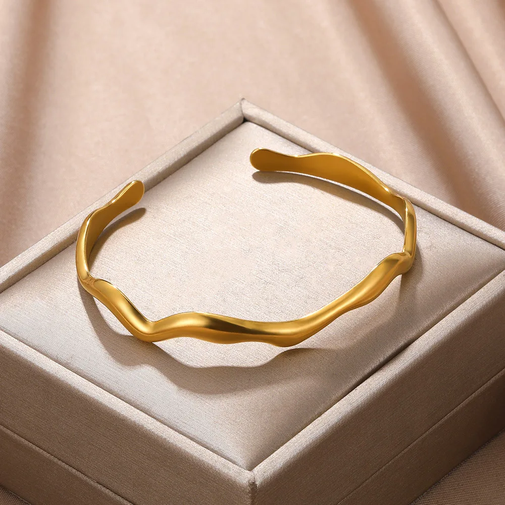 Stainless Steel Wave Open Bangle Bracelets for Women Fashion Gold Color Irregular Cuff Bangles ...