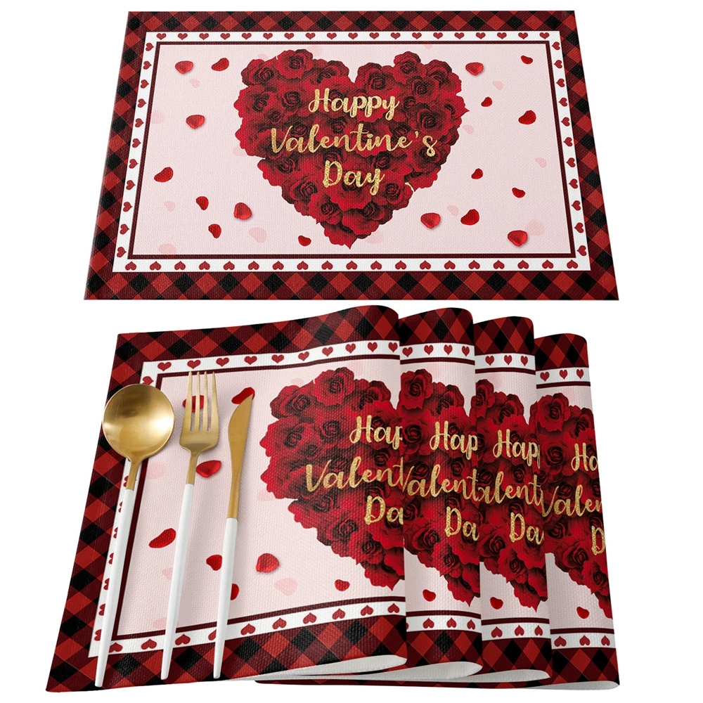 4Pcs-Stain-Resistant-Table-Mats-Check-Plaid-Love-Hearts-Placemats-Set ...