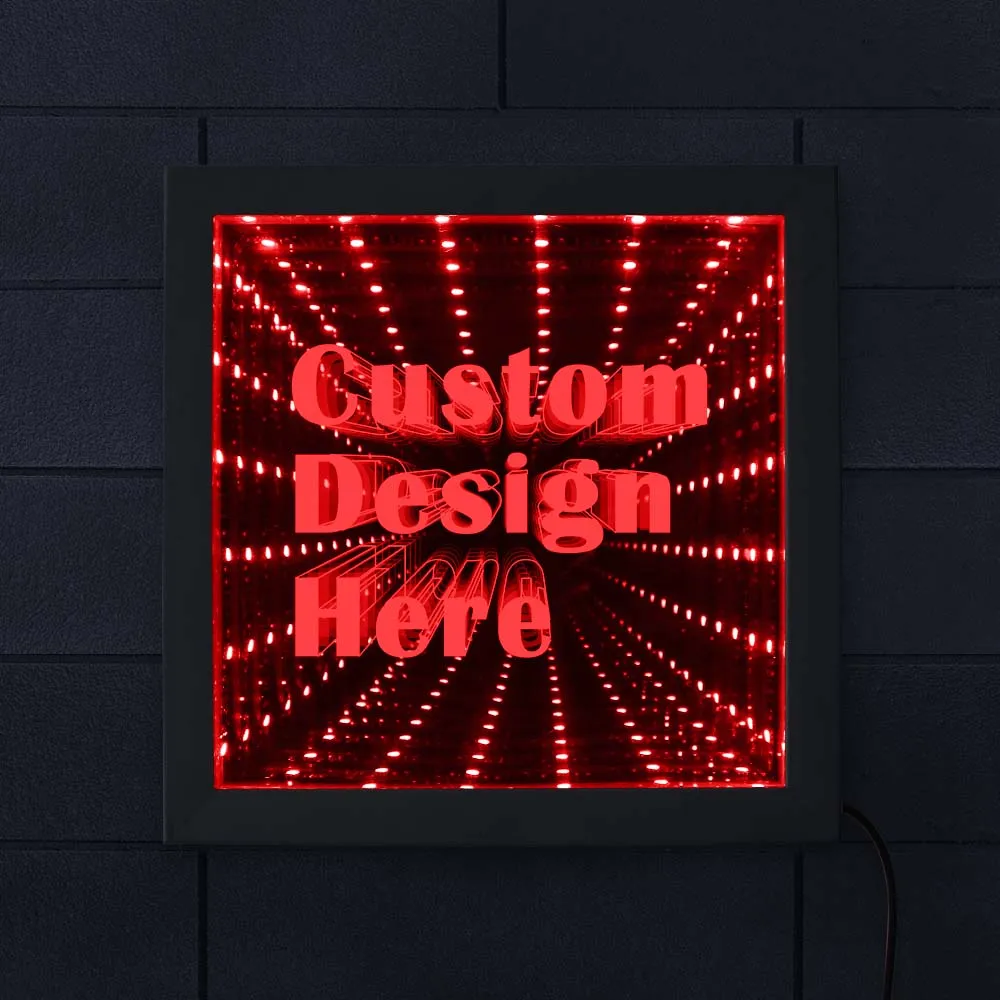 Custom Image Logo Text LED Infinity Mirror Wood Frame Personalised LED ...
