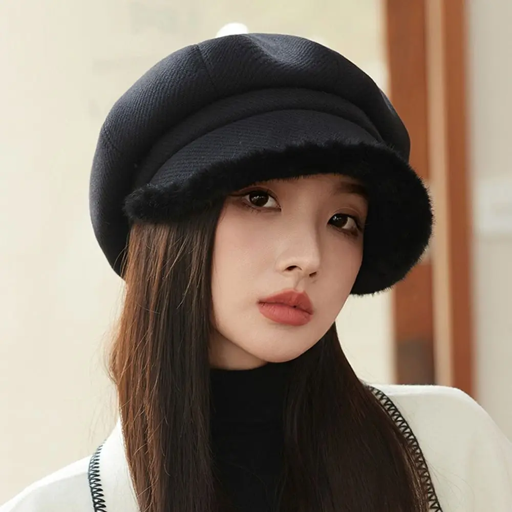 Elegant-Winter-Warm-Beret-for-Women-Solid-Color-Plush-Rim-Octagonal-Hat ...