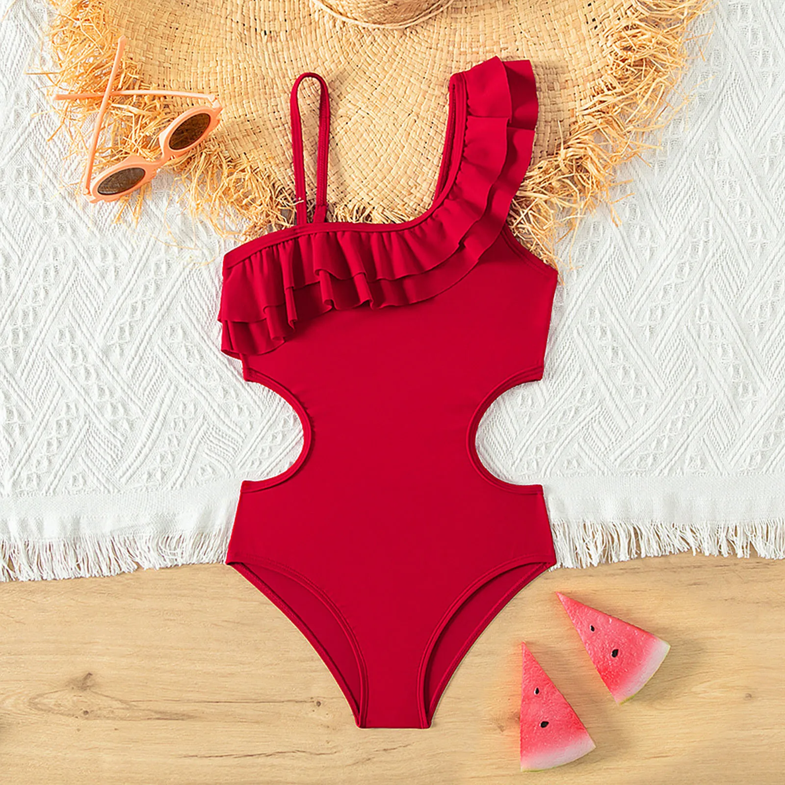 Retro-Red-Color-Teenage-Girls-Swimsuit-One-Piece-Bikinis-5-14-Year-Kids ...