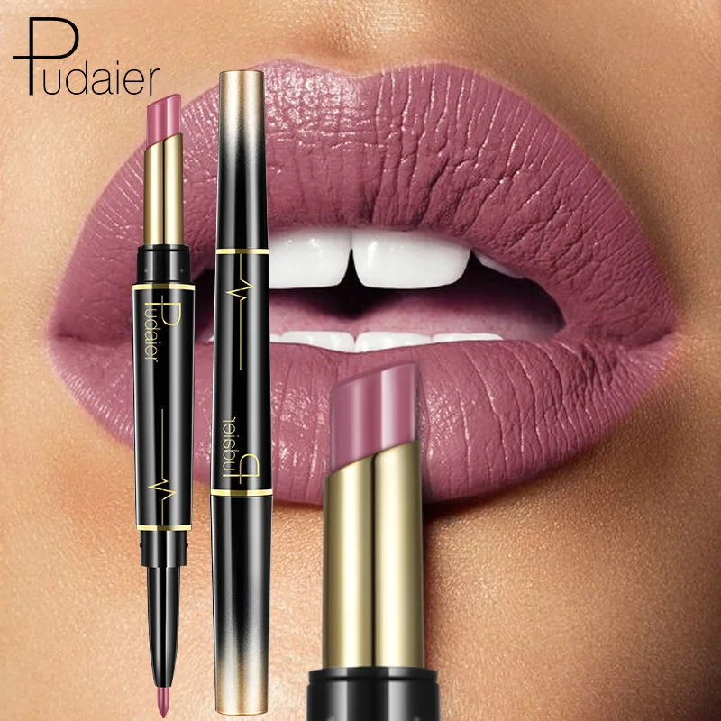 Pudaier Makeup 2 in 1 Matte Lipstick & Lip Liner Nude Lip Stick Pencil ...