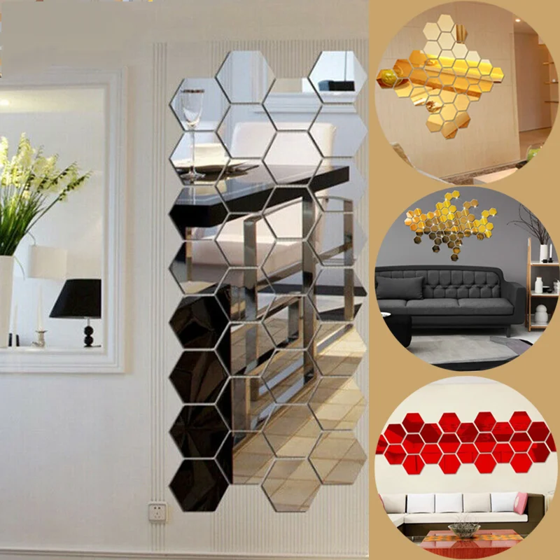 12Pcs-set-3D-Mirror-Wall-Sticker-Hexagon-Decal-Home-Decor-Self-Adhesive ...
