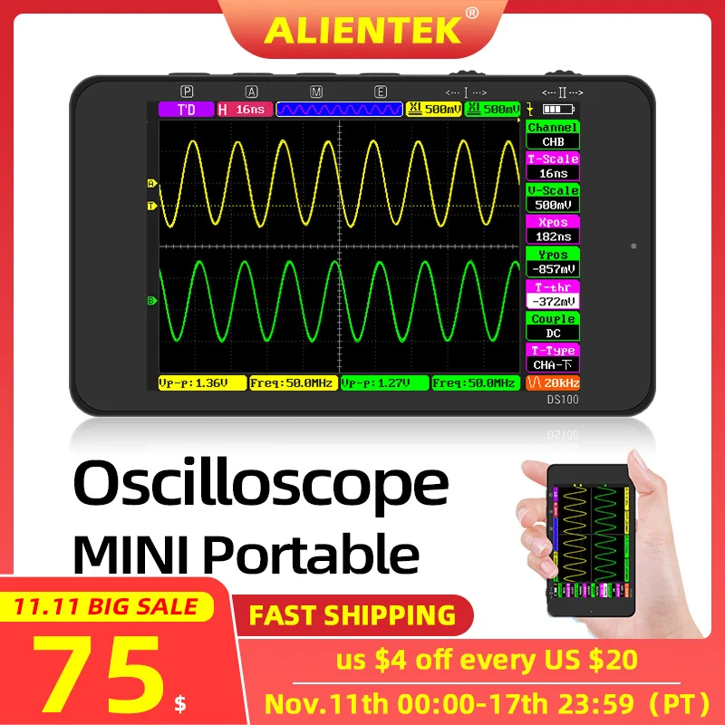 DS100-Digital-Oscilloscope-Mini-Handheld-Oscilloscope-50M-Bandwidth ...