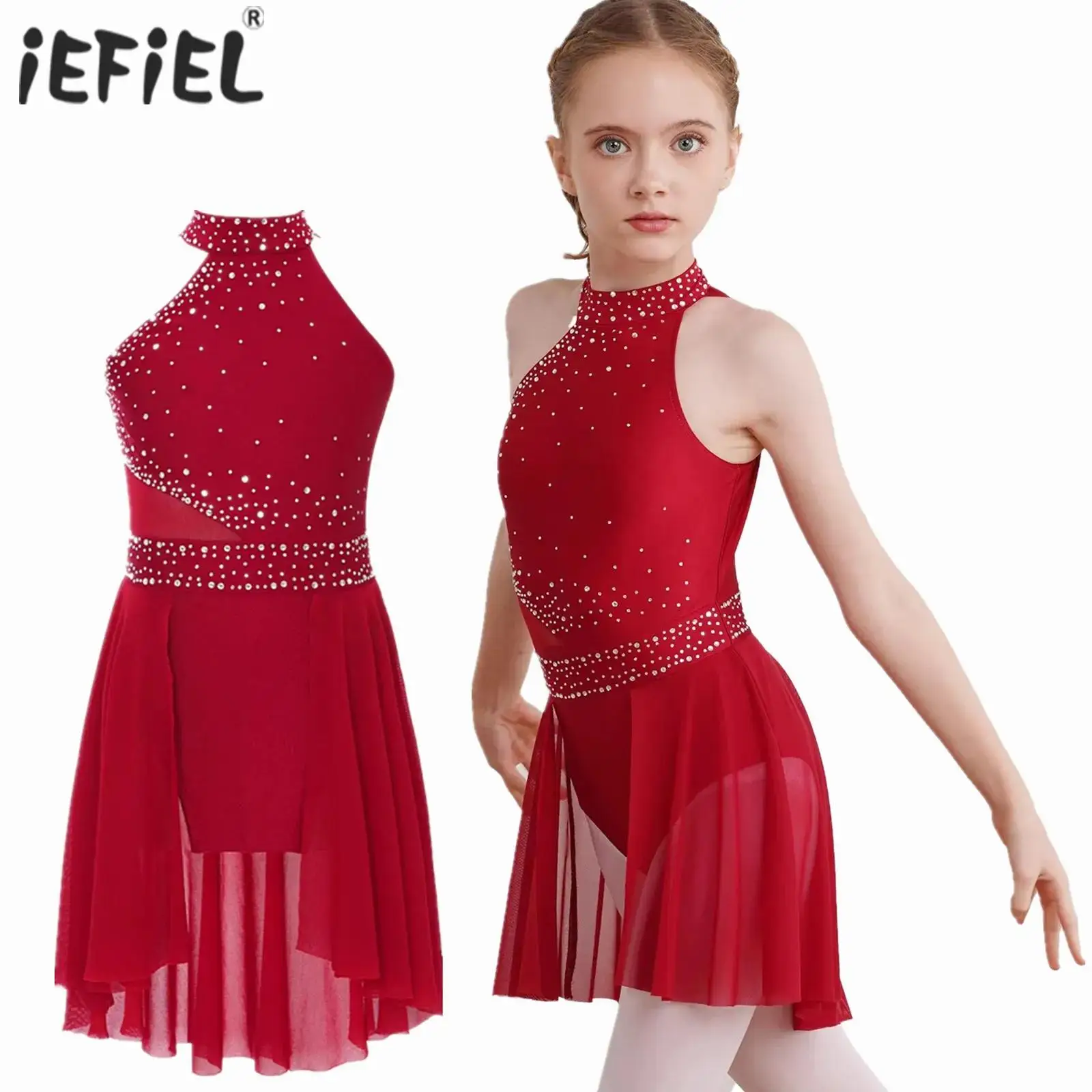 Kids Girls Sparkly Rhinestone Ballet Jersey Lyrical Dress Gymnastics ...