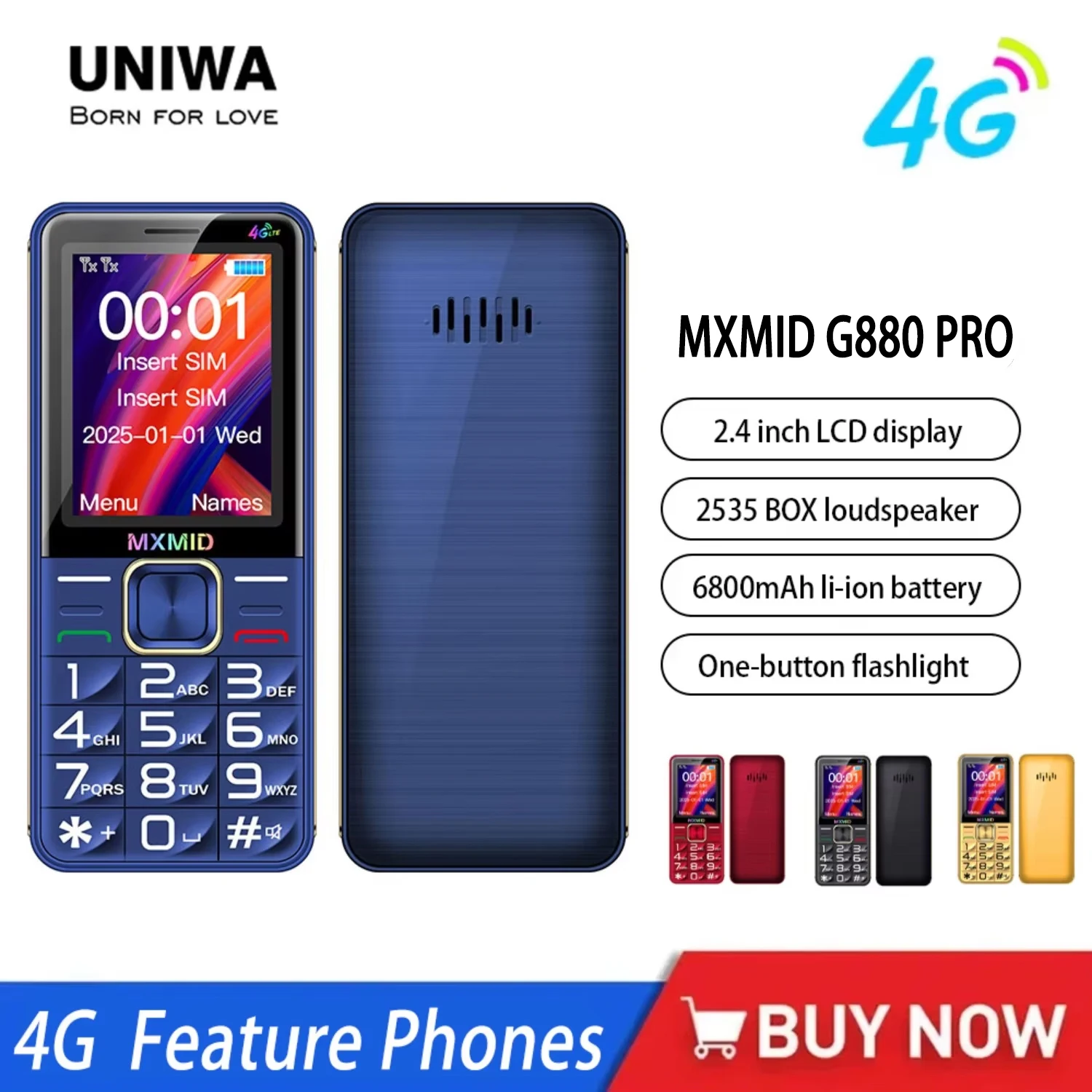 NEW UNIWA MXMID G880 PRO 4G Feature Phone 2.4 Inch Dual SIM LCD Large ...