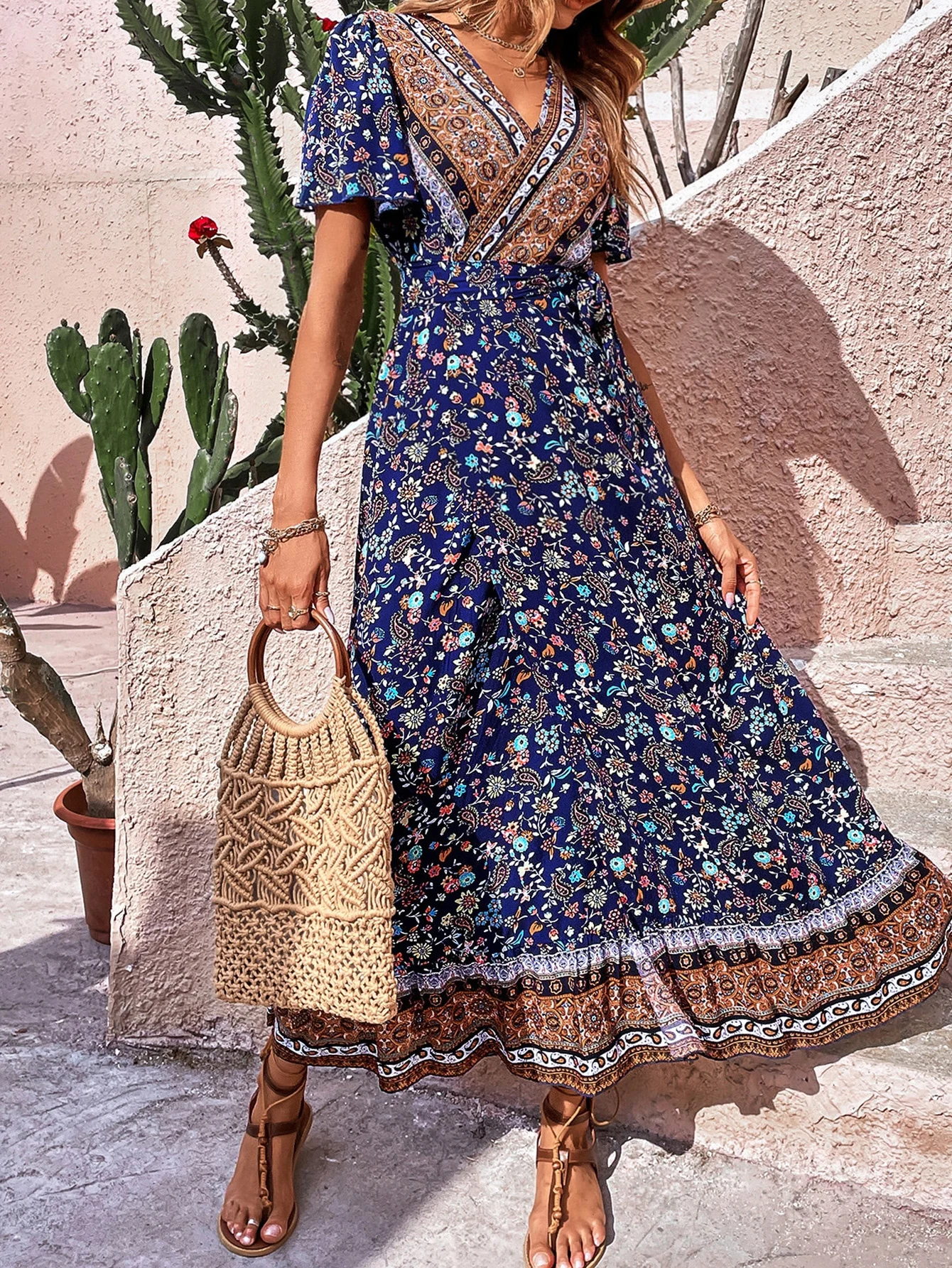 Finjani-Women-s-Dress-Floral-Print-Split-Thigh-Maxi-Dress-V-Neck-Ruffle ...