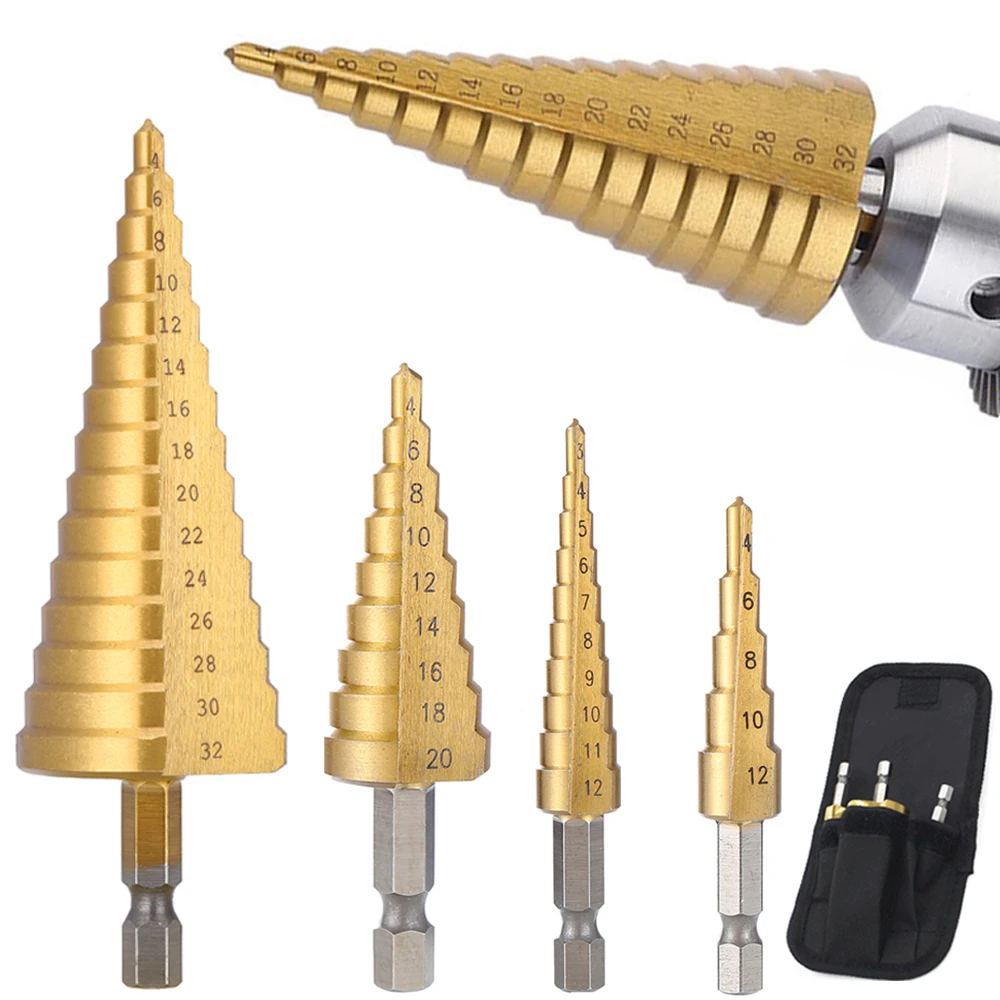 3pcs 3-12mm 4-12mm 4-20mm HSS Straight Groove Step Drill Bit Set Titanium Coated Wood Metal Hole ...
