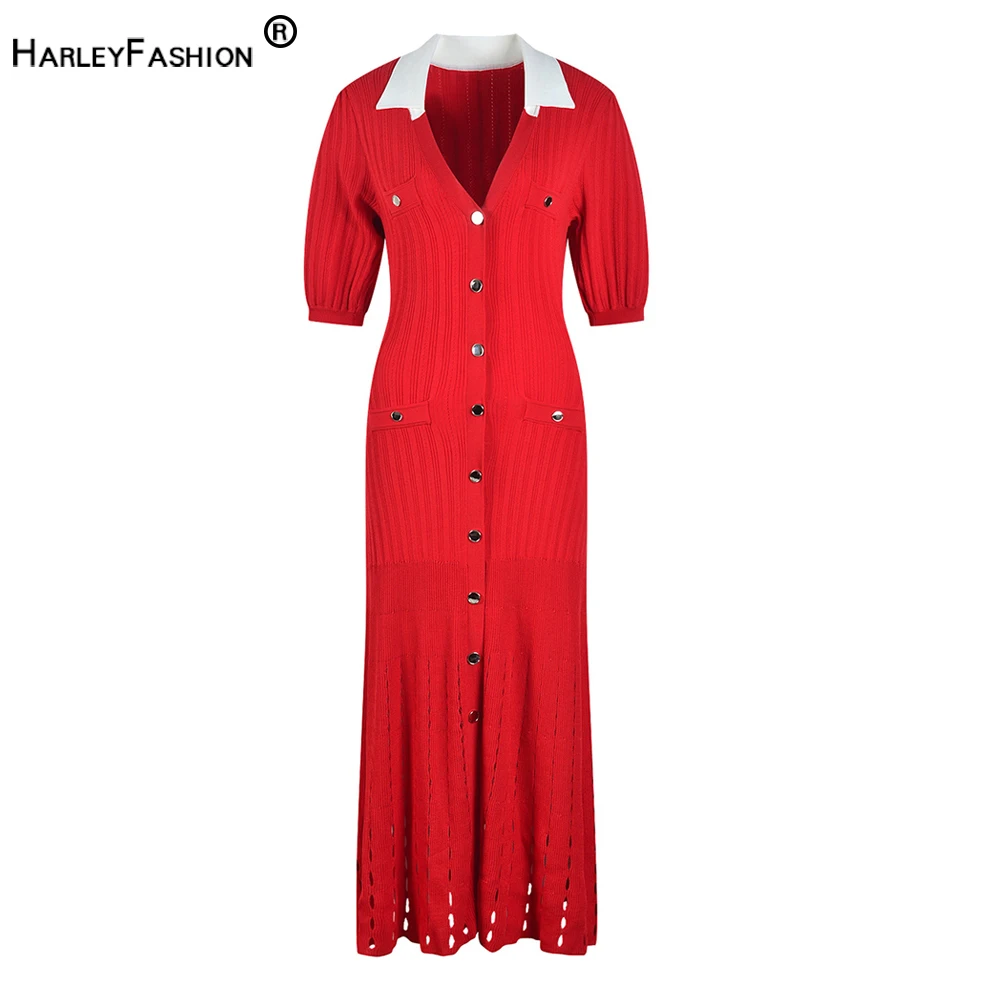 Summer-Women-Long-Bright-Red-Knit-Dress-Puff-Sleeve-Polo-Collar-Sexy ...