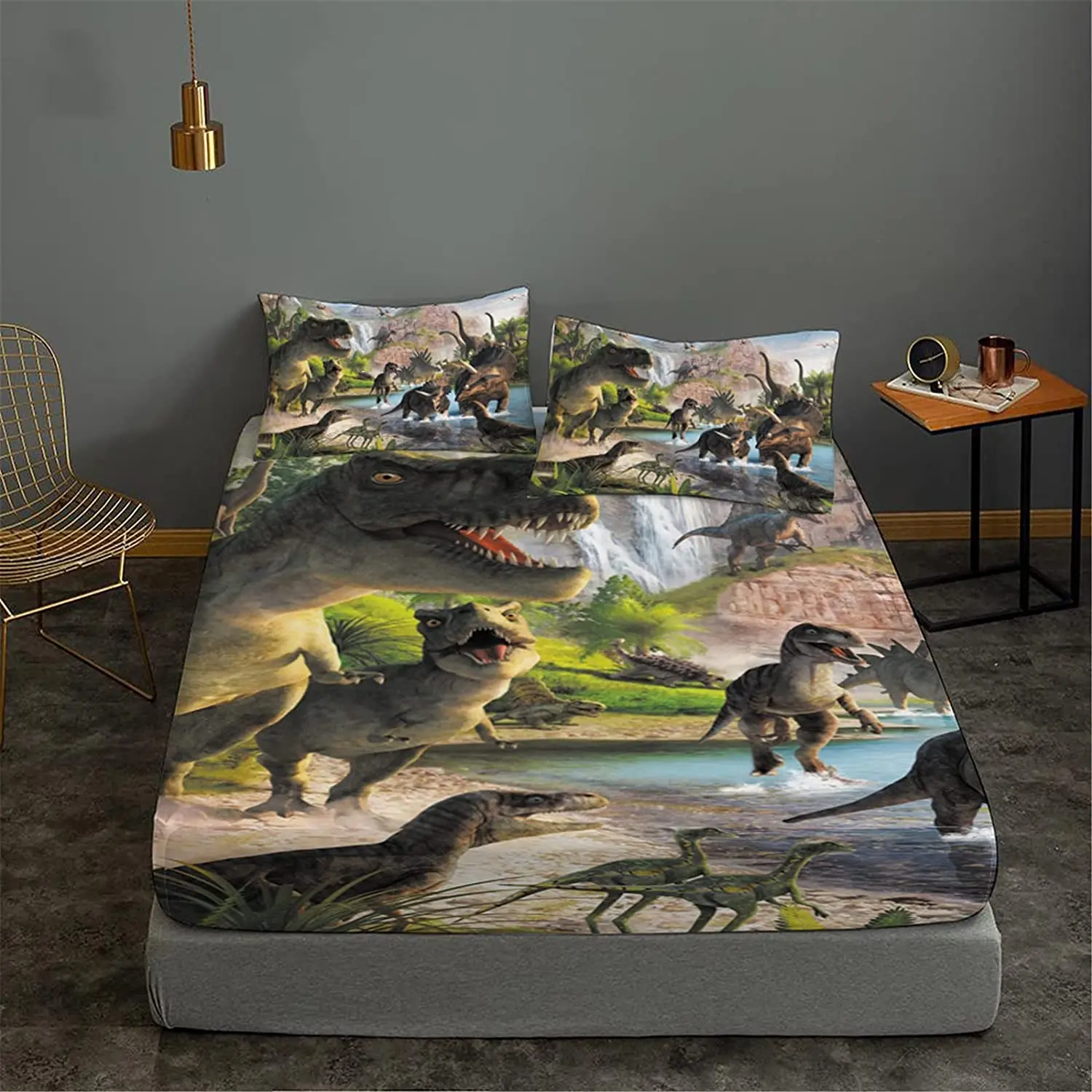 Dinosaurs-Bed-Sheets-Set-for-Boys-3D-Realistic-Dinosaur-Green-Fitted ...