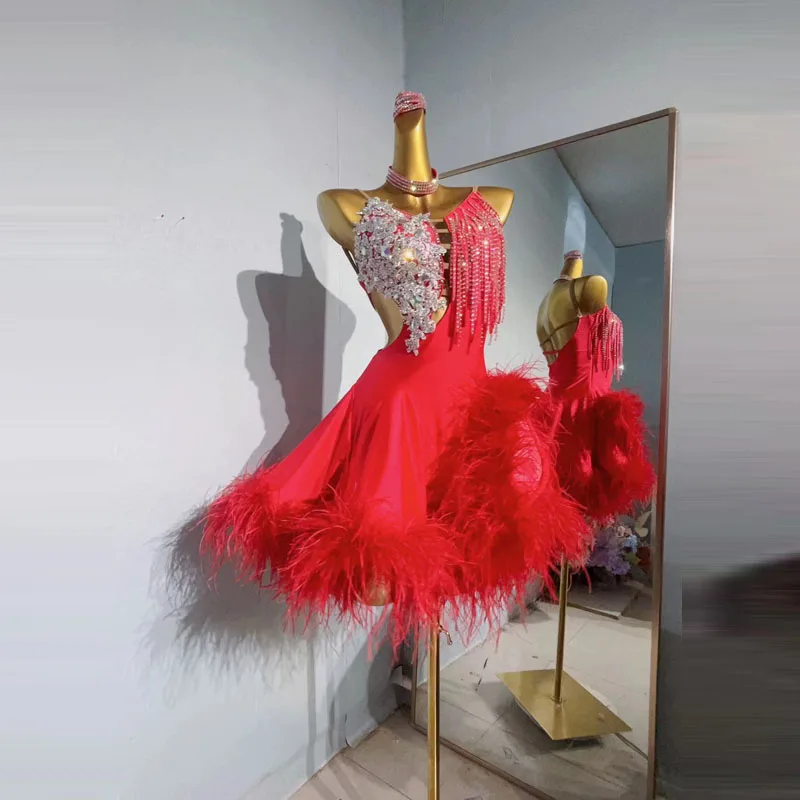 New-high-end-Latin-dance-red-feather-fishtail-dress-women-s-clothing ...