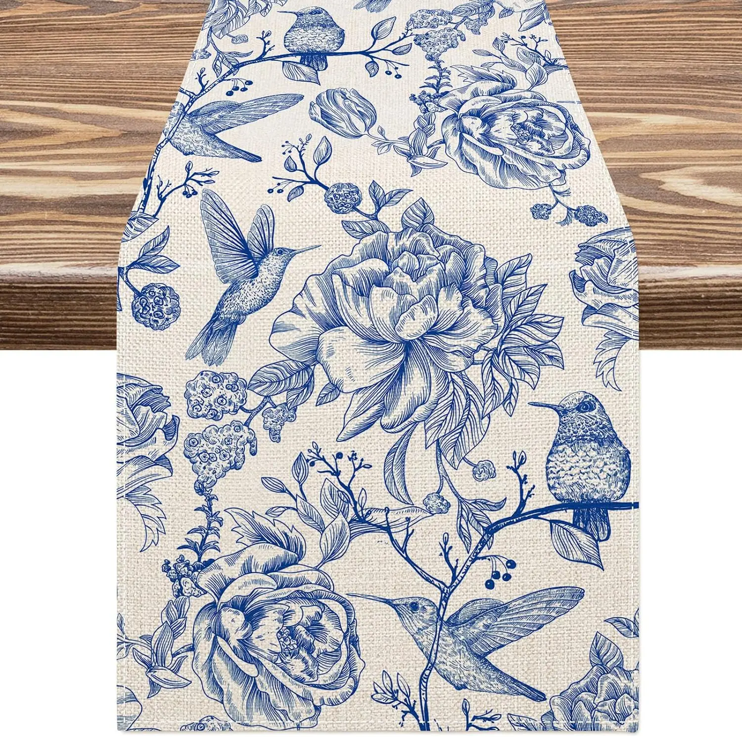 Blue-White-Linen-Table-Runners-Retro-Monochrome-Sketch-Bird-Flower ...