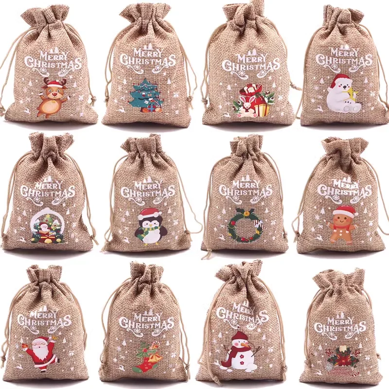 5Pcs/Lot Xmas Natural Jute Bags 10x14 13x18cm Christmas Candy Gift Bag ...