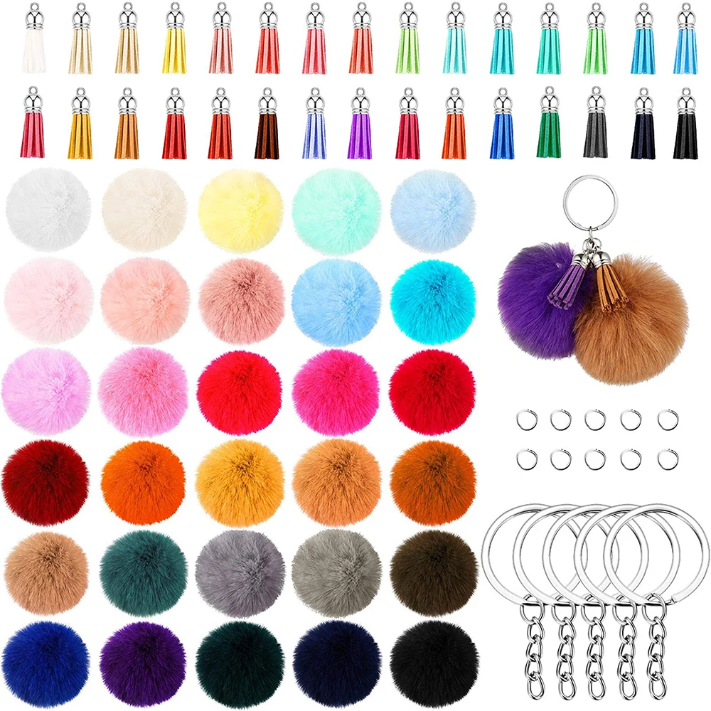 150Pcs Pom Pom Keychain Fluffy Faux Fur Pompoms Keychain with Leather ...