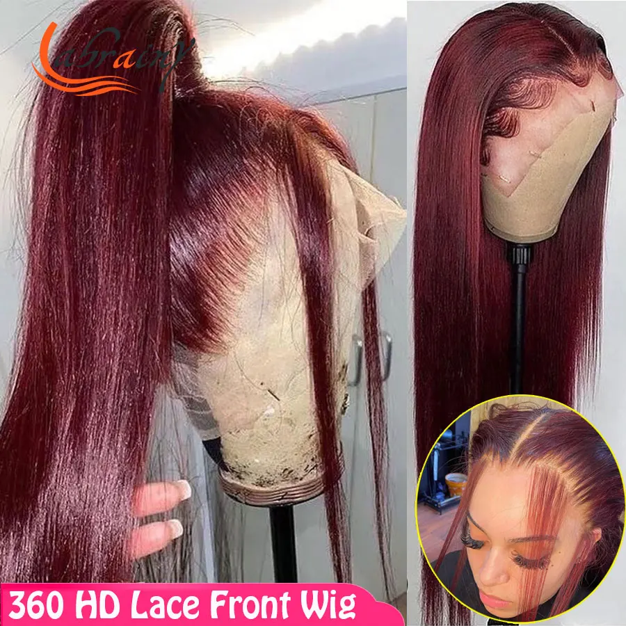 99j Burgundy Hd 360 Lace Frontal Human Hair Wigs Women Colored Red ...