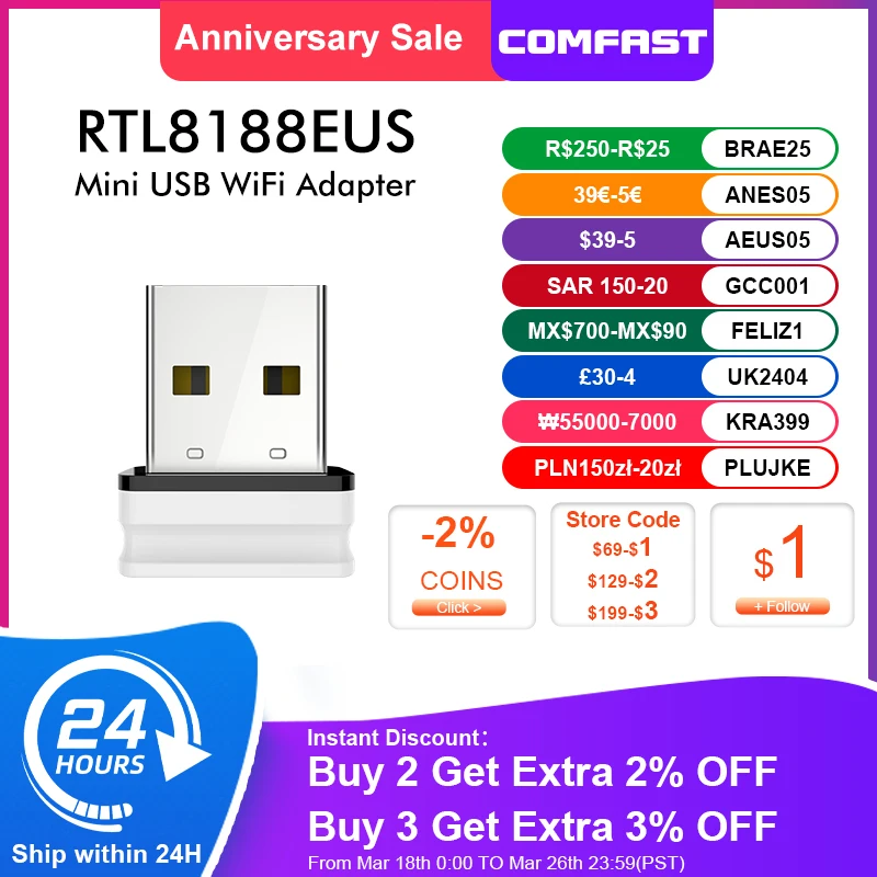 Comfast RTL8188EUS Mini USB Wifi Adapter Dongle 150Mbps 802.11b/g/n ...