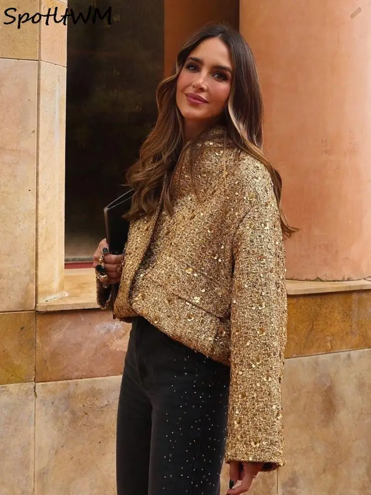 Fashion-Gold-Sequin-O-neck-Women-Short-Jacket-Covered-Button-Long ...