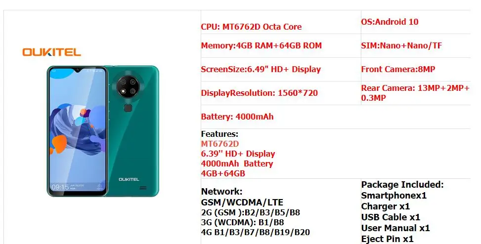 Oukitel C19 Pro Smartphone 4GB 64GB 6.49"Octa Core HD+ 4000mAh MT6762D ...