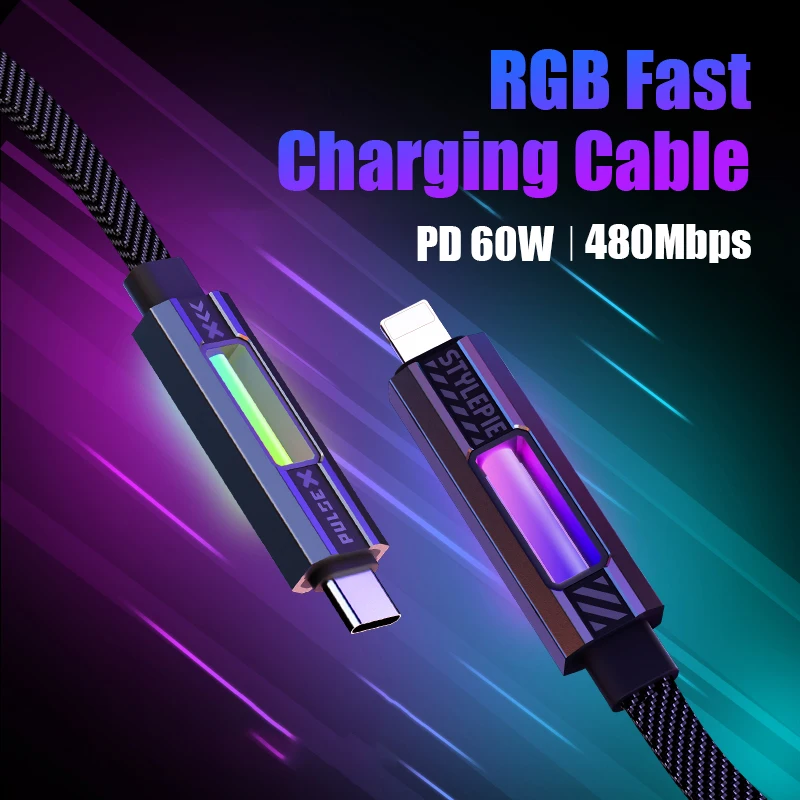 PD 60W RGB Fast Charging Data Cable Nylon Braided Wire Cable Cord for ...