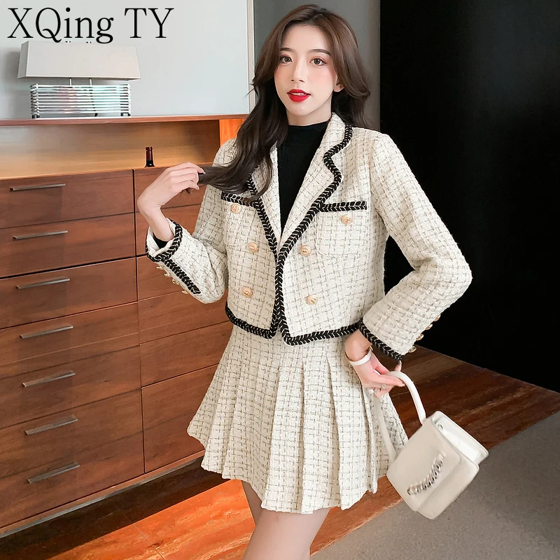 Korean Style Elegant Double Breasted Long Sleeve Tweed Coat + High ...