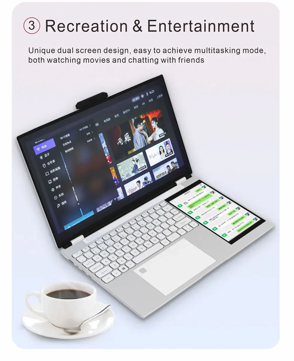 15.6"+7" Dual Screen Laptop Intel Celeron N95 Business Office Notebook ...