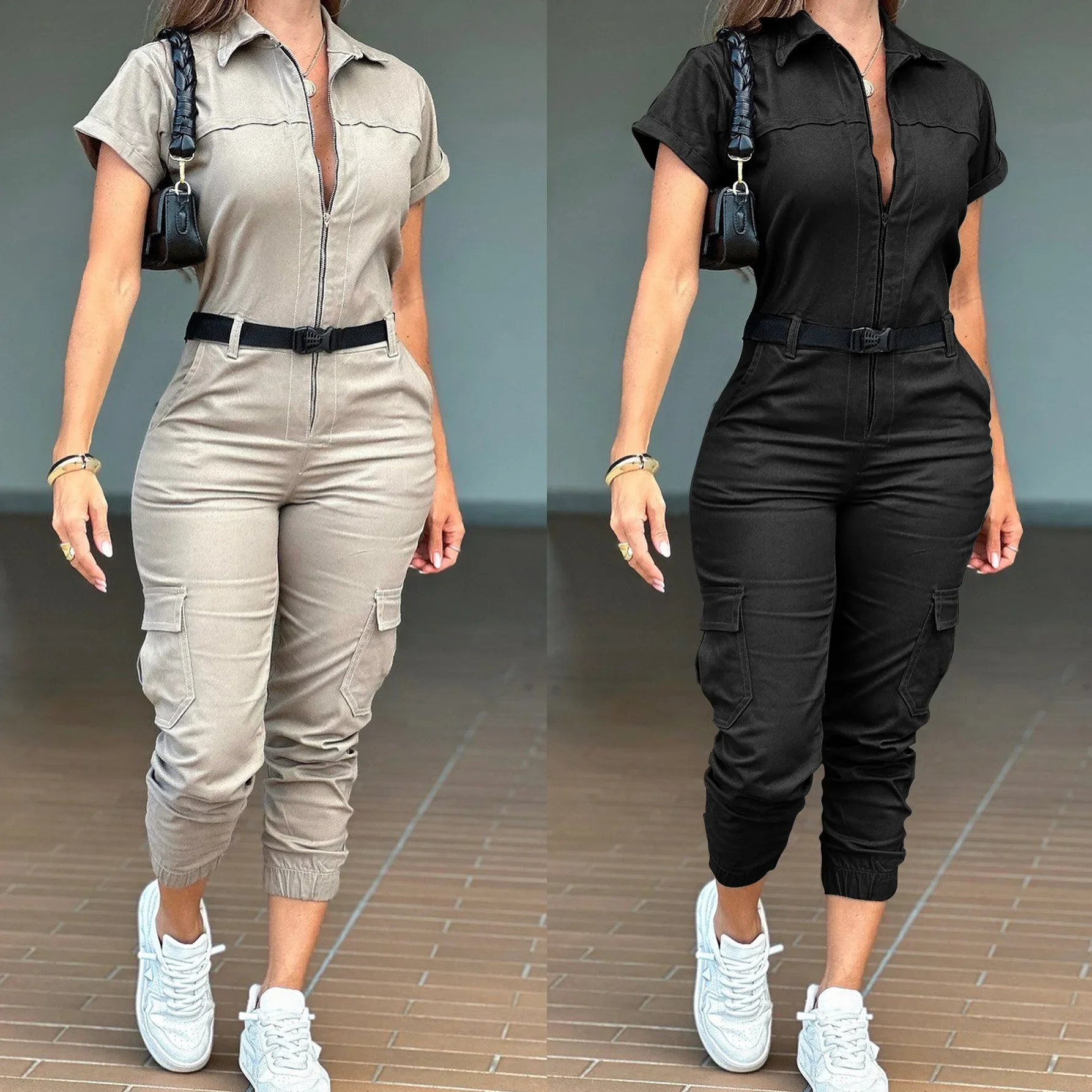 Fashion Women's Jumpsuit New Sexy Zipper Workwear Short Sleeved Lapel ...