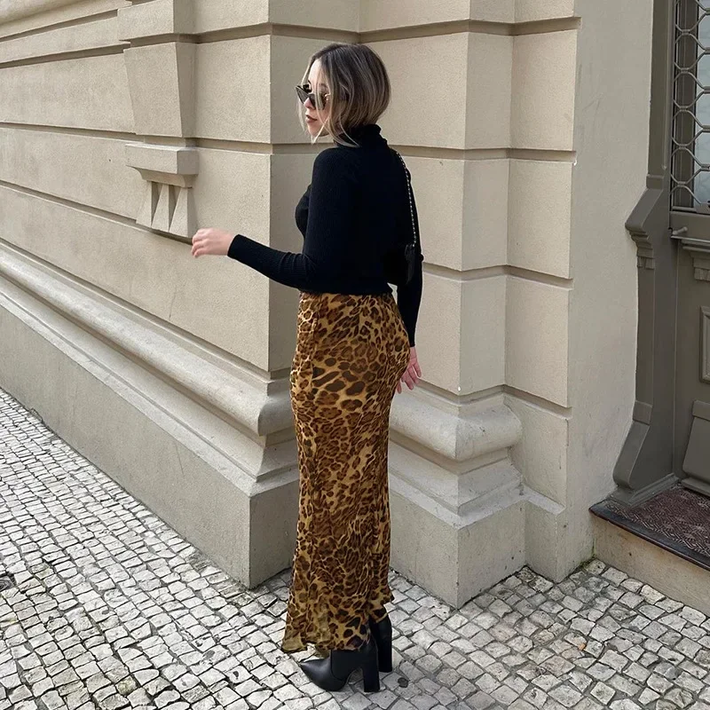 Summer Long Skirt Leopard Print Chiffon Transparent Fishtail Maxi Skir ...