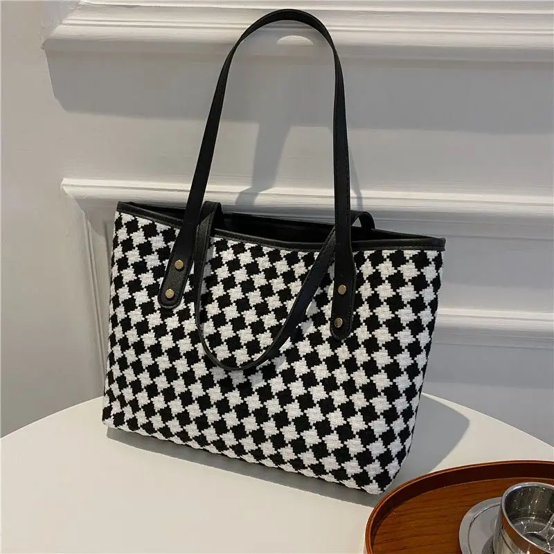 Large-Capacity-Canvas-Totes-Women-Handbags-Simple-Hounstooth-Hobo-Bags ...