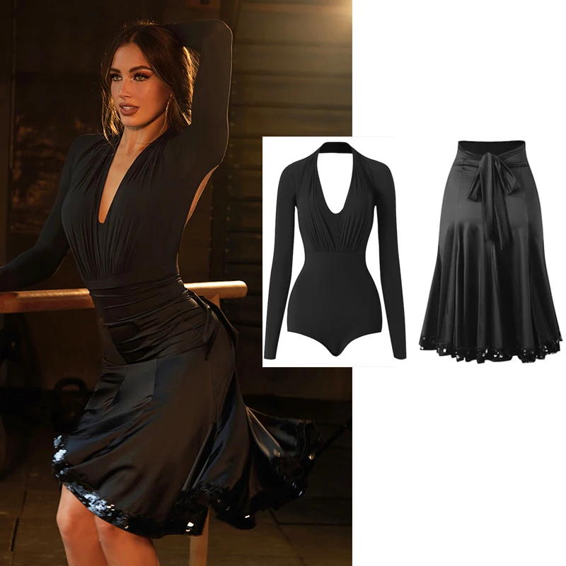 ZYM Latin Dance Costume 2025 New Long Sleeves Deep V Neck Leotards ...