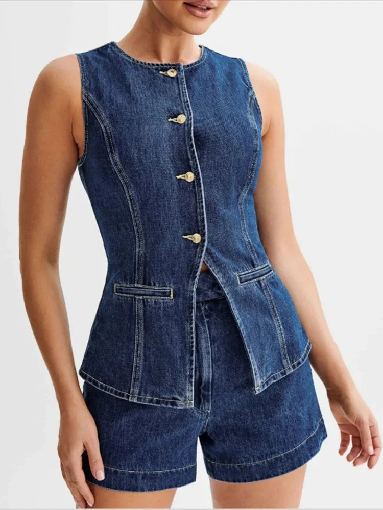 Korean Casual Split Round Neck Slim Fit Denim Vest Top Two-piece Set New Women's Fashion ...