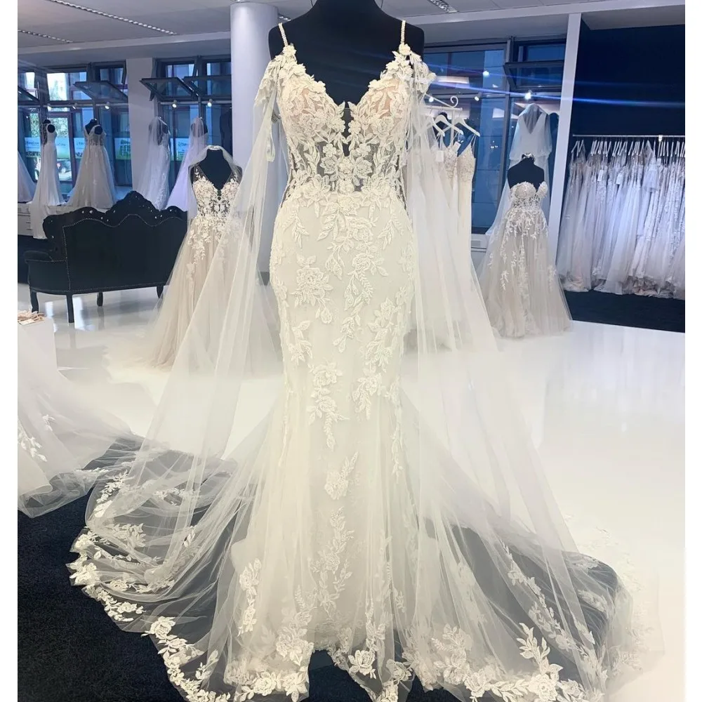 Vestido-de-Noiva-V-Neck-Spaghetti-Straps-Cape-Sleeves-Mermaid-Lace ...