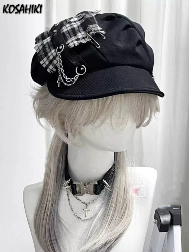 Vintage Punk Gothic Y2k Bucket Hat Harajuku Cross Chain Plaid Patchwork ...