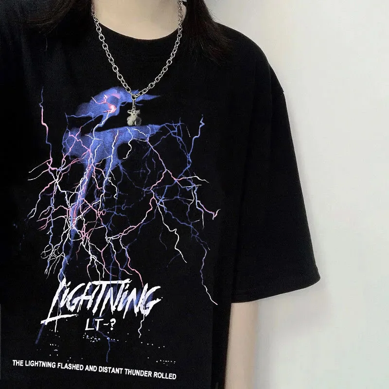 Women-T-Shirts-Goth-Y2k-Tops-Harajuku-Lightning-Punk-Print-Short-Sleeve ...