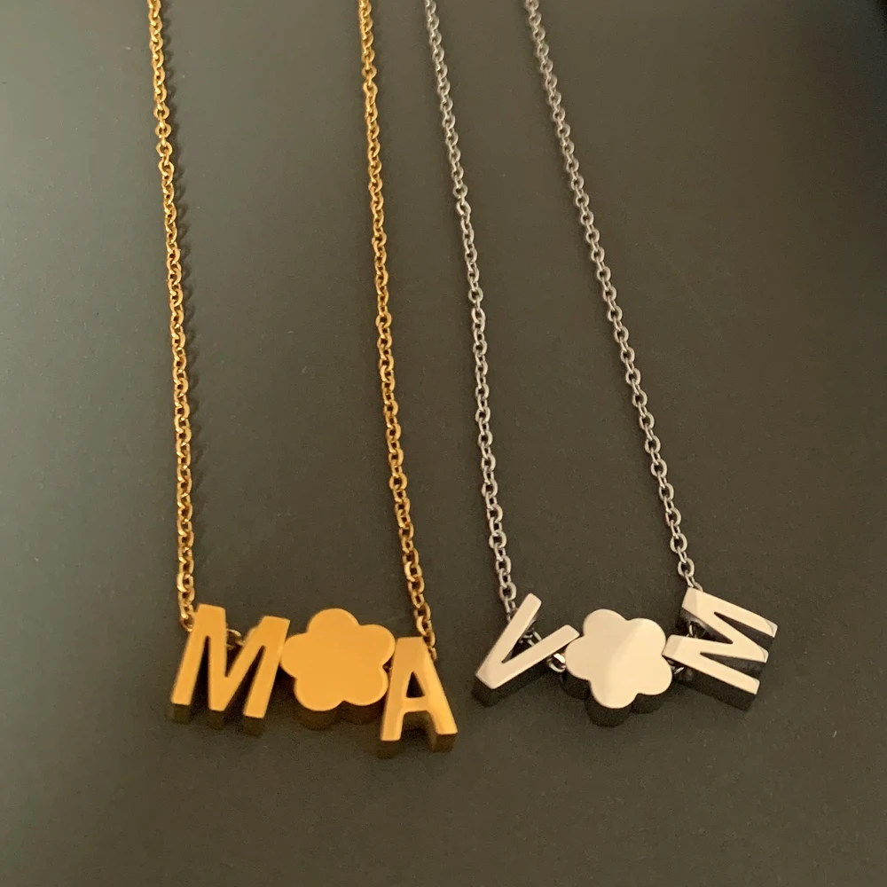 Customize 2 Letters Flower Pendant Charm Choker Necklace Glossy Steel ...