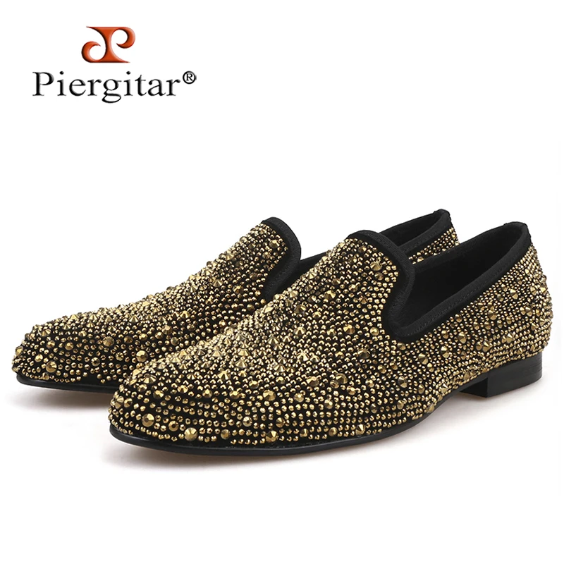 Luxury Evening Party Gold Crystals Men's Suede Crafted Slip-on Shoes ...